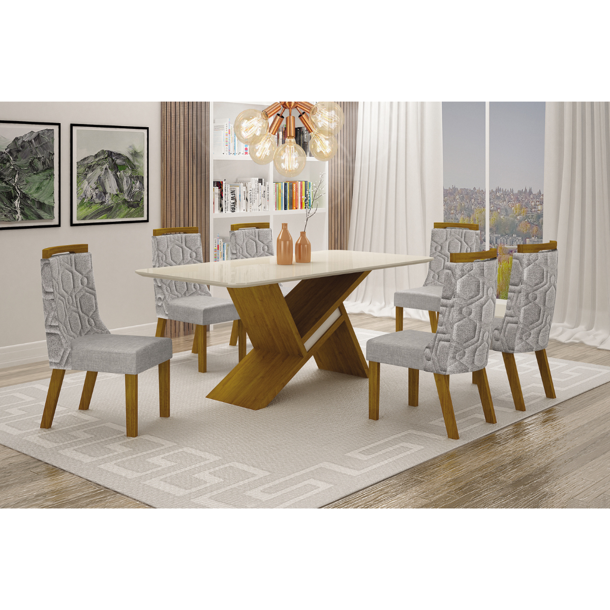 Conjunto Sala de Jantar Mesa 180x90cm Tampo MDF/Vidro com 6 Cadeiras ...