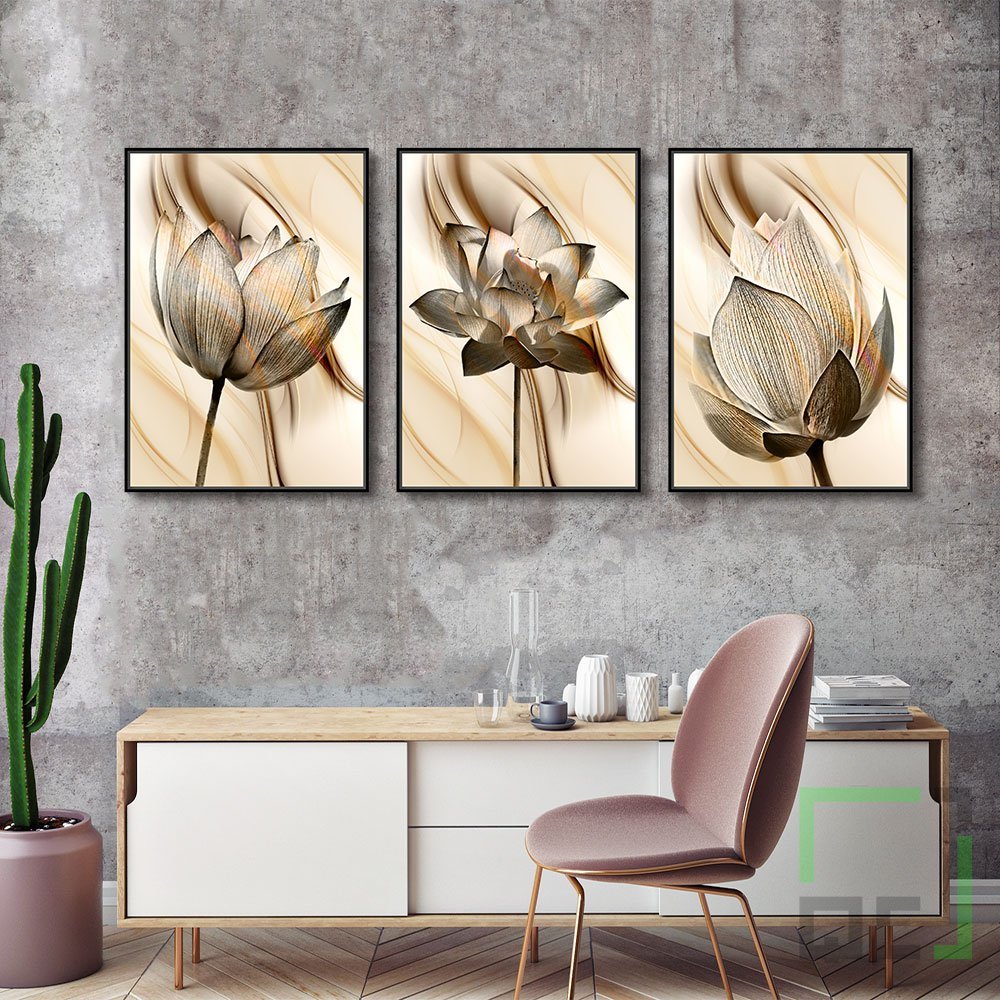 Kit Quadros Parede Sala Trio Flores E Folhas Neutro Cobre:Preta ...