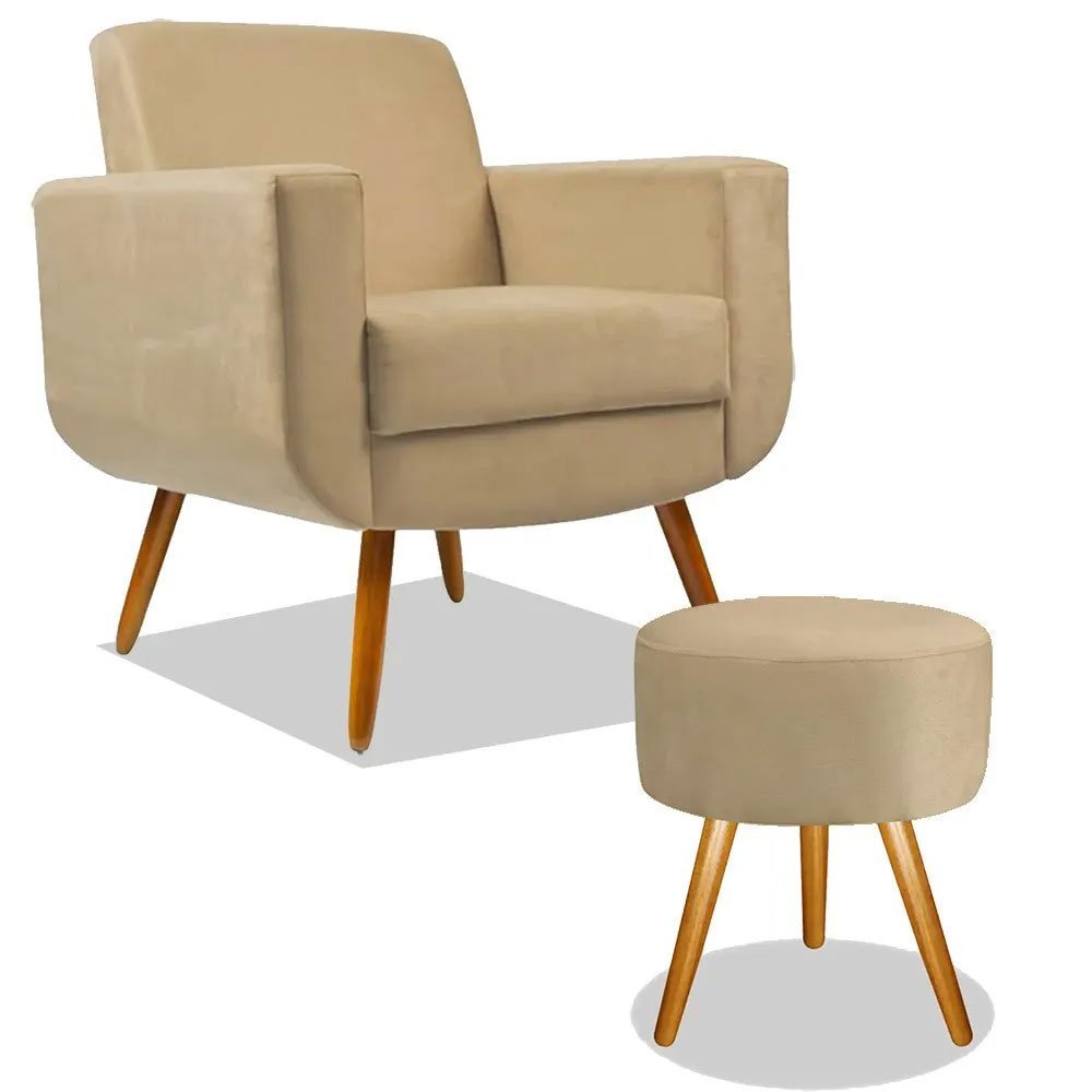 Combo Poltrona para Sala de TV Cristal com Puff Redondo Suede Bege Shop ...