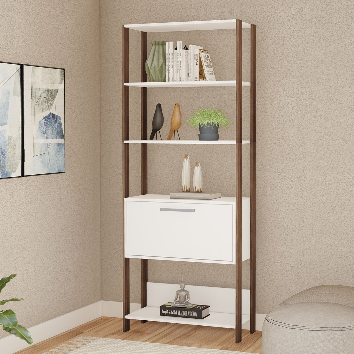 Estante Para Sala com Prateleiras e Porta Basculante Branca: Branco com ...