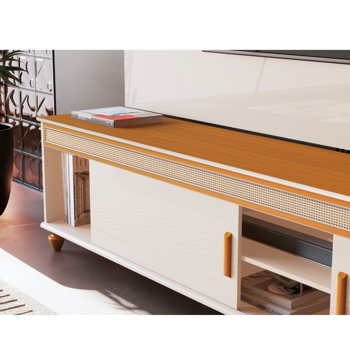 Rack Comodoro - 2 Portas 1.80cm Tvs até 75" Edn Móveis:off White/cedro | MadeiraMadeira