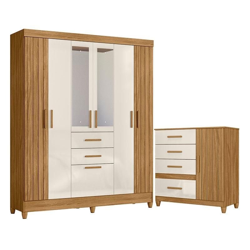 Guarda Roupa Solteiro Malta com Espelho e Cômoda Vênus com Pés Freijó ...