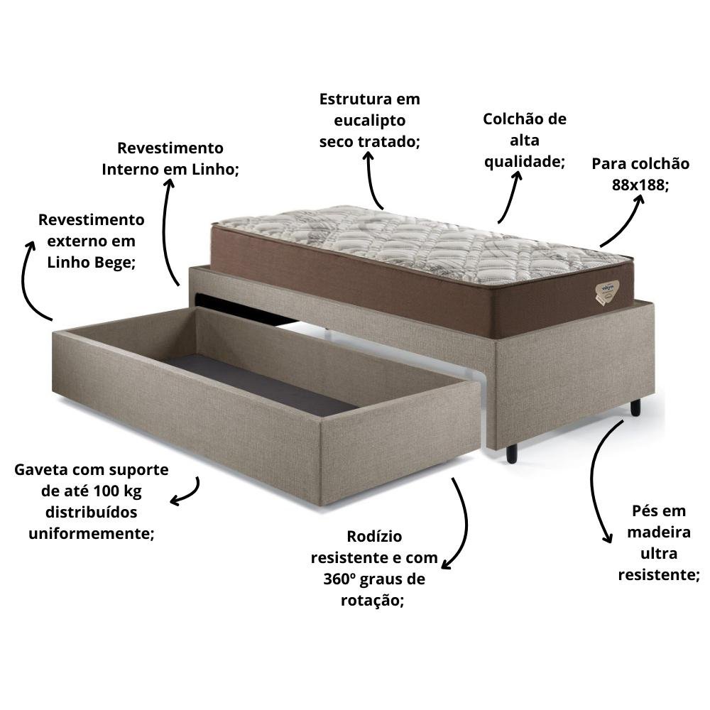 Cama Box Solteiro com Gaveta 88x188 cm Revestida em Linho Bege com ...