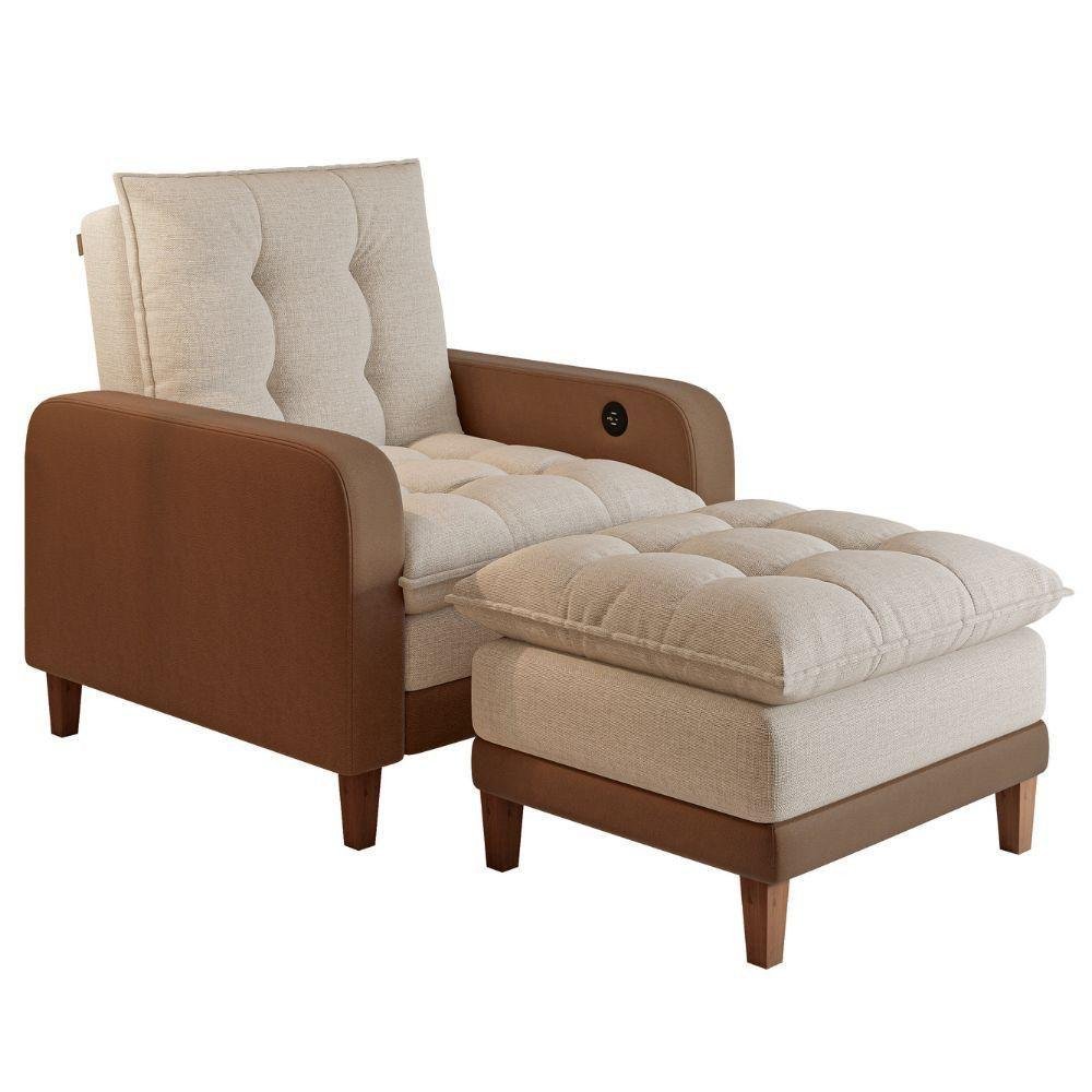 Poltrona Reclinável E Puff Com usb Bege Com Caramelo | MadeiraMadeira