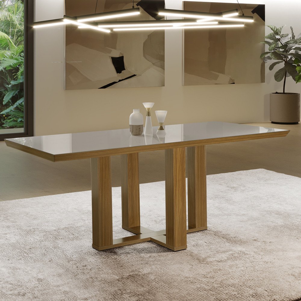 Mesa de Jantar Retangular Tampo MDF e Vidro 160cm Lottus | MadeiraMadeira