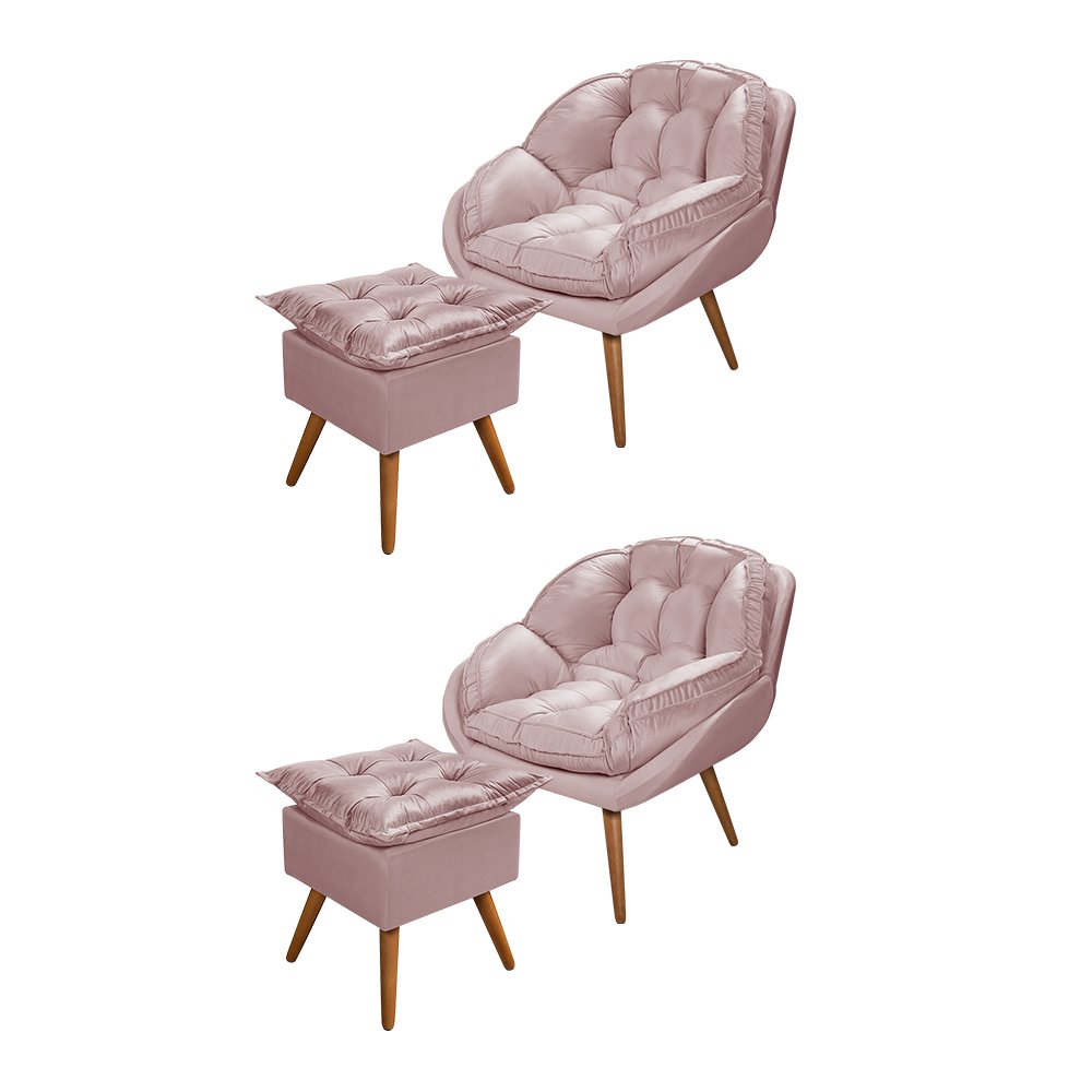Kit 2 Poltronas e 2 Puffs Decorativos Veludo Rosa Mariane com Pés ...