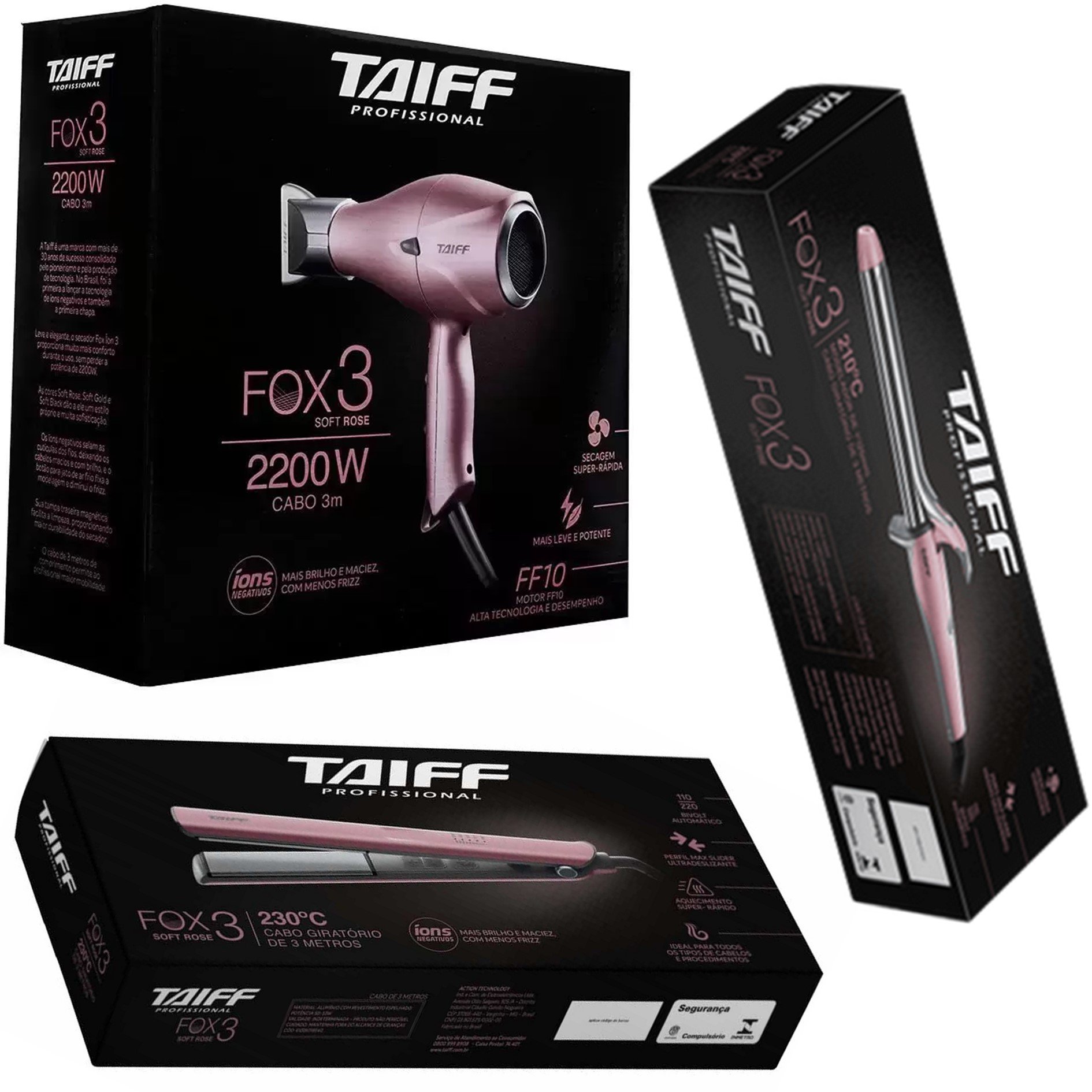 KIT TAIFF FOX ION 3 ROSE - SECADOR 2200W 127V + PRANCHA 230ºC ...