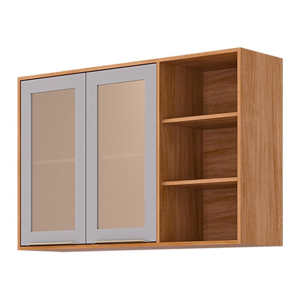 Armário Aéreo Brilhante 120cm 2 Portas Cinamomo/platina com Vidro Reflecta e Nichos - Mgm ...