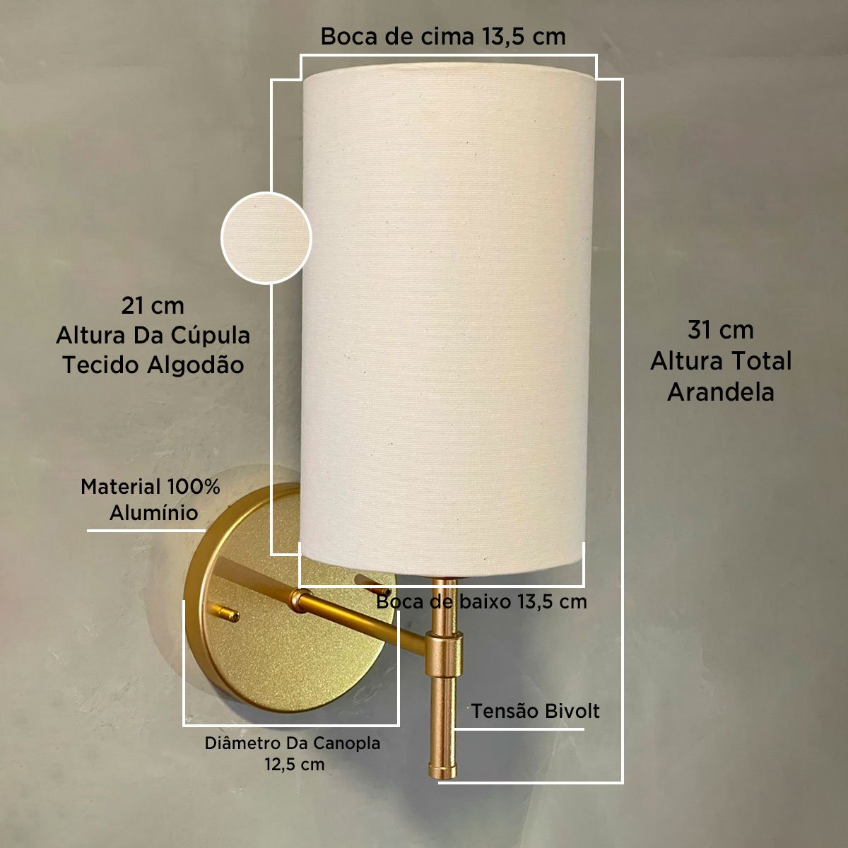 Arandela de Parede Dourado em Aluminio e Cupula Bege Tecido Algodao ...
