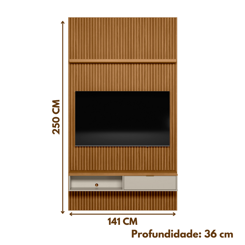 Painel Home Ripado Para TV Até 60 Polegadas 1.4 Com Nicho e Prateleira Nature Off White Linea ...