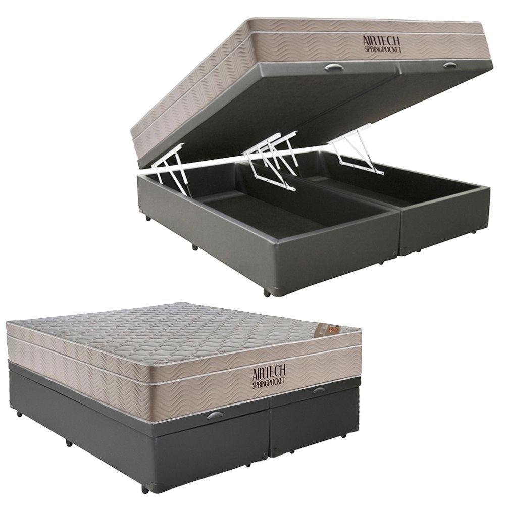 Cama Box Baú Casal Bipartido Sintético + Colchão Ortobom Airtech Molas ...