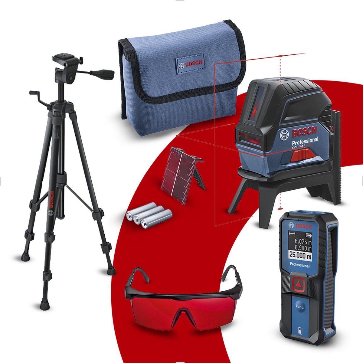 Kit Nível a Laser Glc2-15 e Medidor a Laser Glm 25-23 + Tripé + Óculos Bosch | MadeiraMadeira