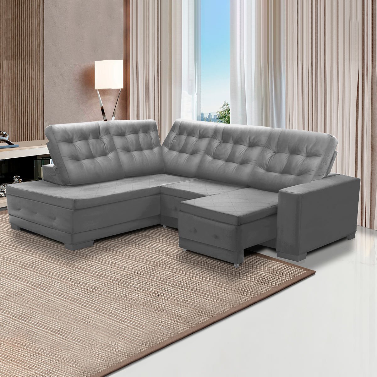Sofá Canto Chaise Dueto 250 x 205 Cm Retrátil Mola Bonnel Reclinável Veludo Cinza Claro - SóSofá ...