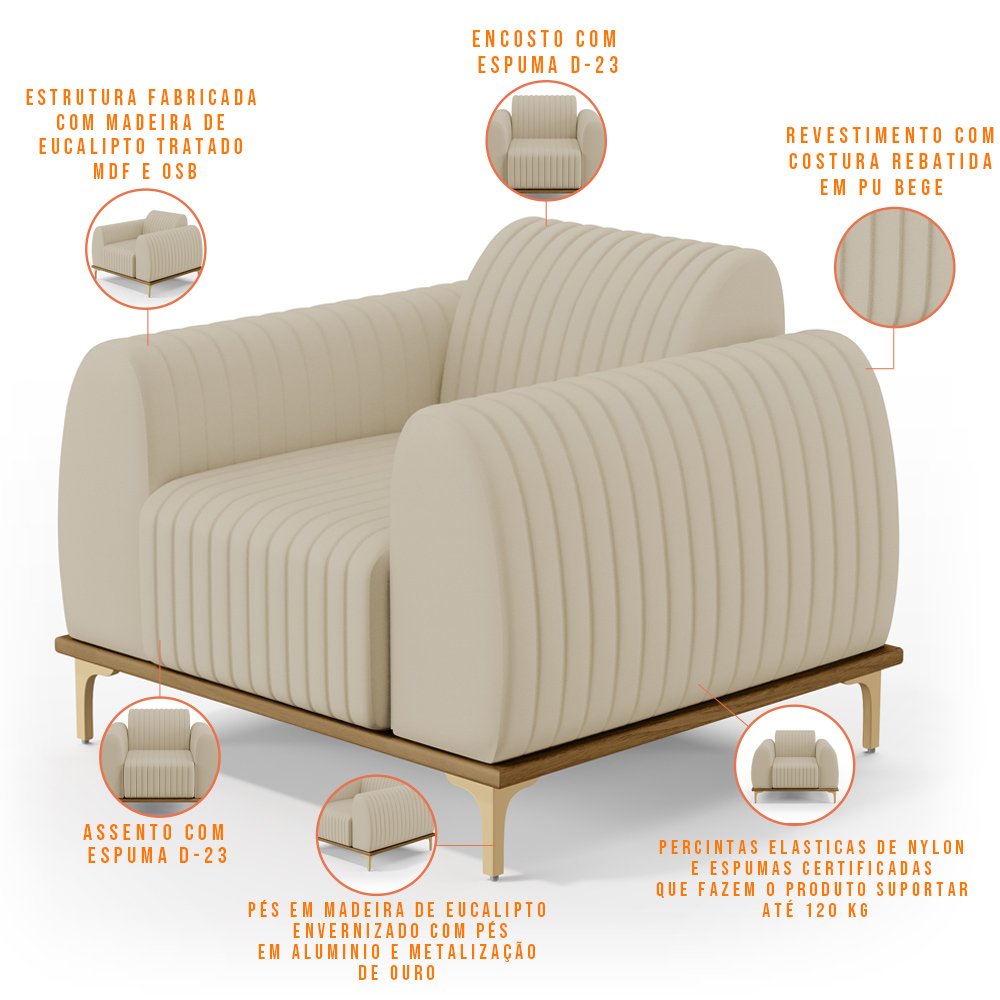 Poltrona Decorativa Base De Madeira e Pés Metalizado D'Ouro Molino D02 ...