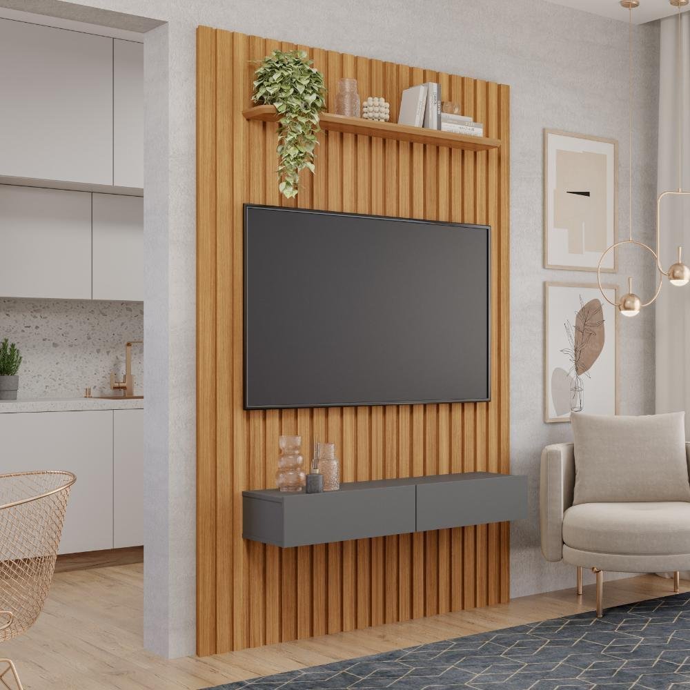 Painel Ripado Para TV até 50 Polegadas Maragogi 1 Porta Nature Grafite ...