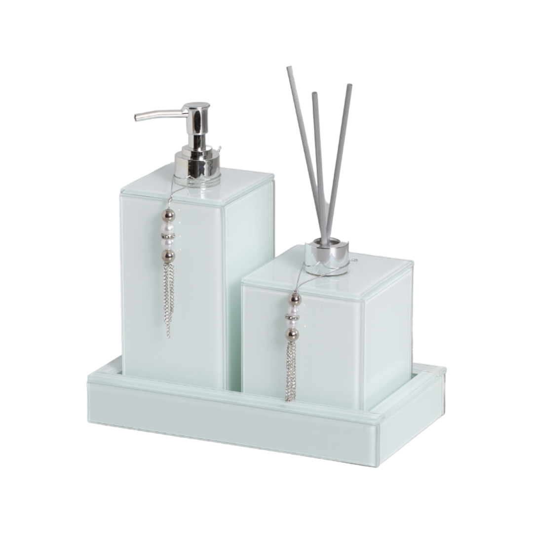 KIT LAVABO BANHEIRO LUXO VIDRO 3 PEÇAS: BRANCO PRATA | MadeiraMadeira