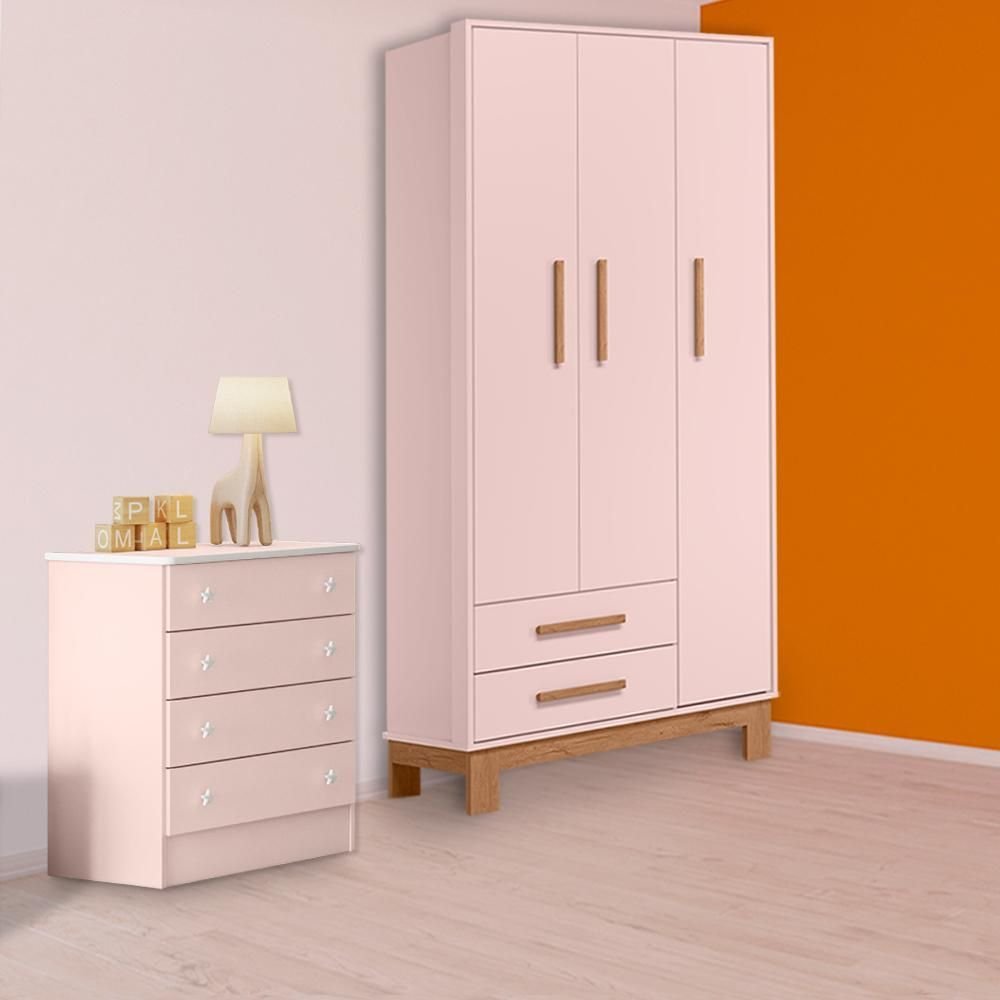 Conjunto Guarda Ropa Slim 3 Portas 2 Gavetas e Cômoda 4 Gavetas Rosa ...