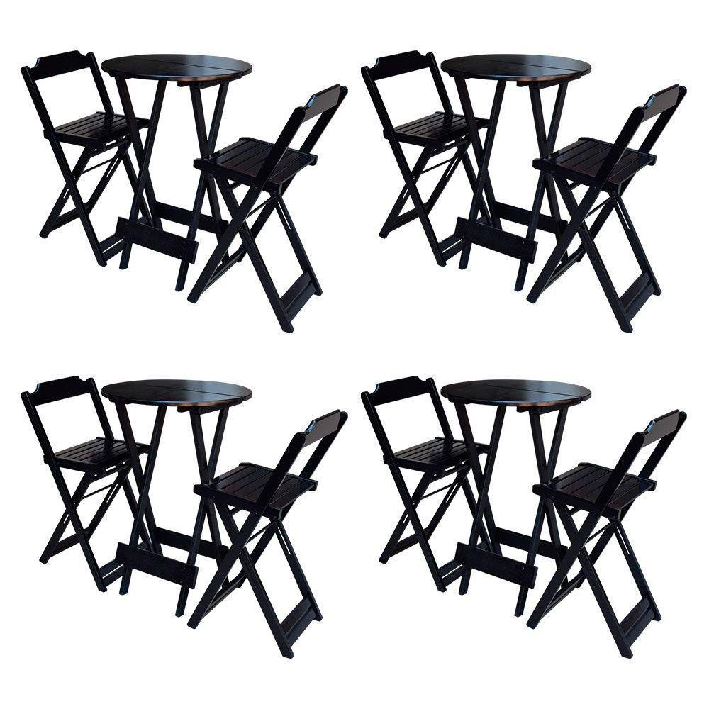 Kit 4 Jogos De Mesa Bistrô De Madeira Com 2 Cadeiras Dobravel Preto - Preto | MadeiraMadeira