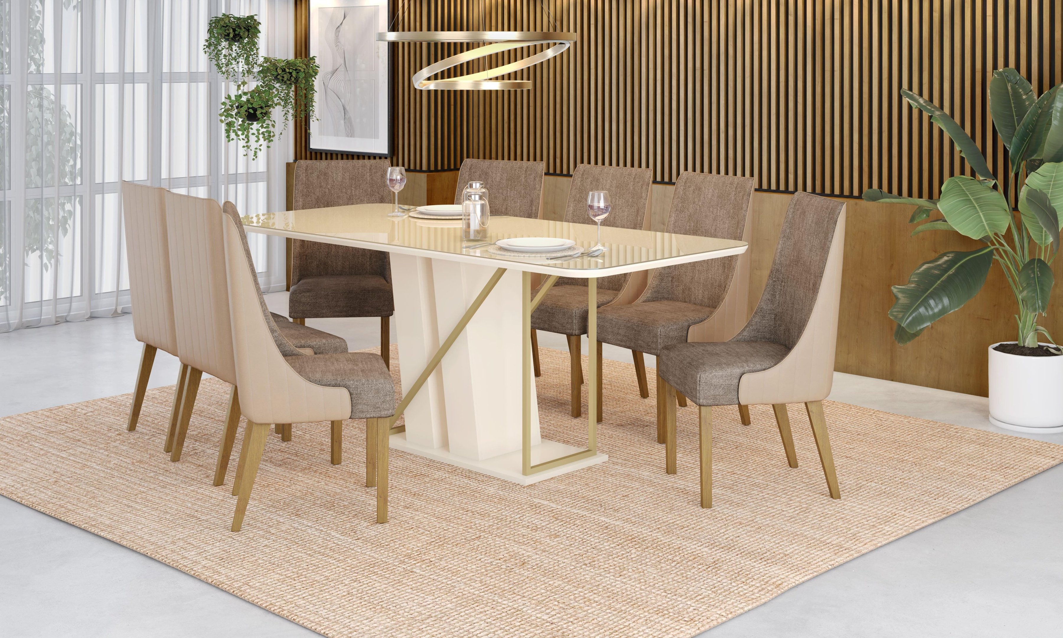 Mesa de Jantar Andy 200 C. Vidro 8 Cad. Ivy Bege/cacau - Henn | MadeiraMadeira