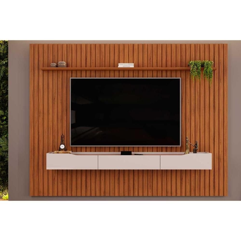 Home P/ Tv até 85 Pol Pratic Ripado C/ 3 Gavetas 275x212cm Freijó/off ...