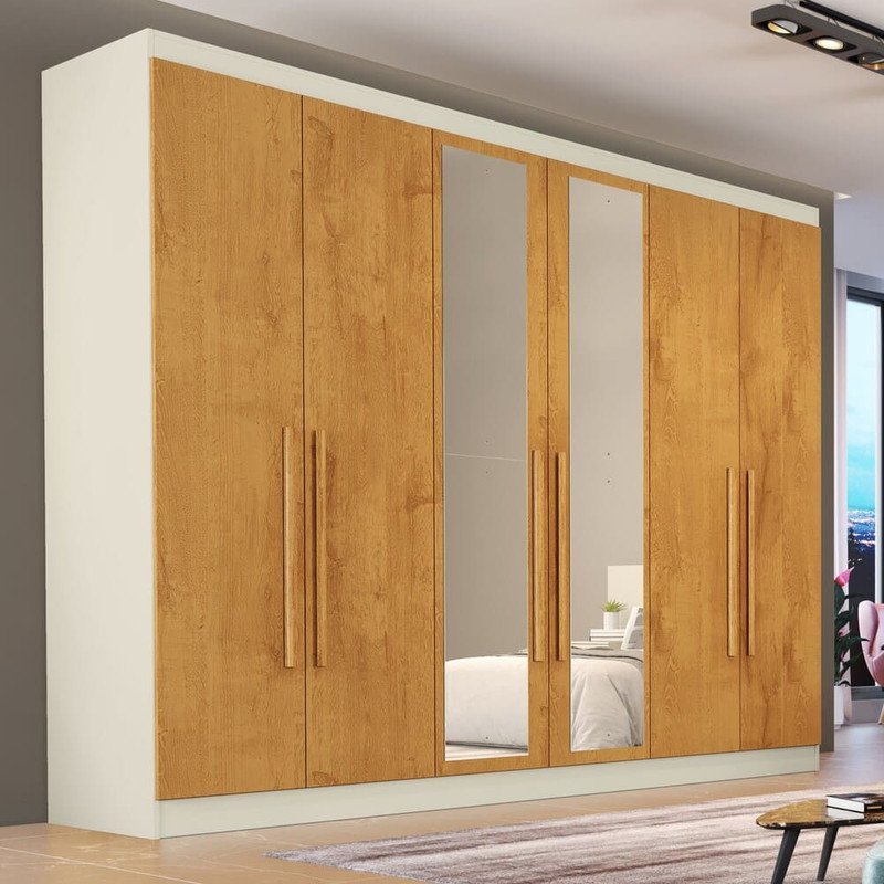 Guarda Roupa Casal com Espelho 6 Portas 4 Gavetas - Oslo-Off White/Peroba - Made Marcs ...