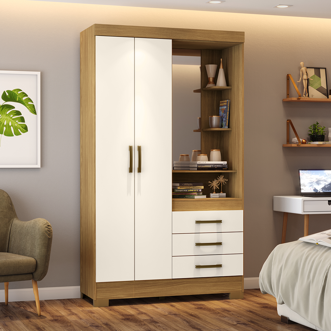 Guarda Roupas Solteiro Com 2 Portas 3 Gavetas Com Espelho B64 Nature ...