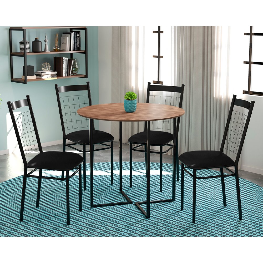 Jogo de Mesa Redonda 80x80cm 4 Cadeiras Estofado Preto Estela Mdf e Aço ...