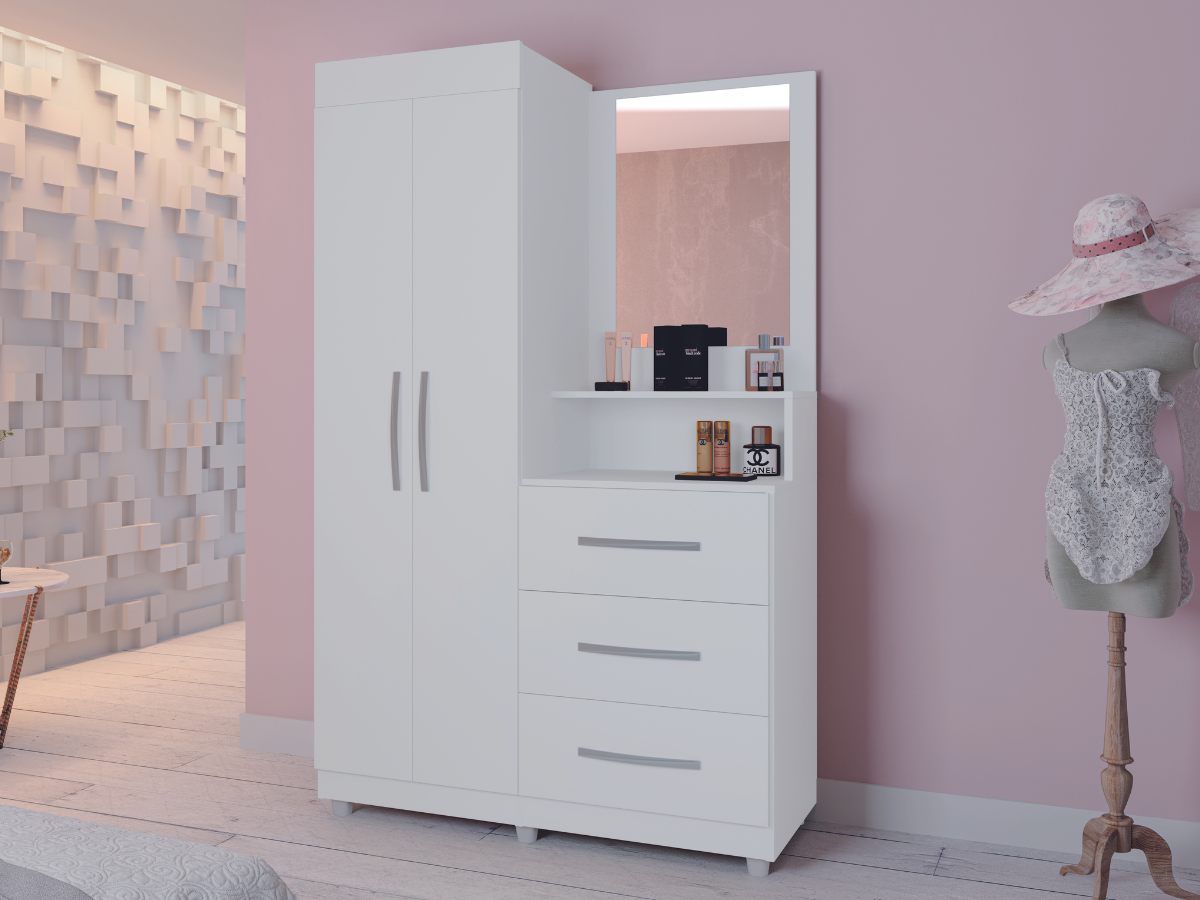 Guarda Roupa Solteiro 2 Portas com Gavetas e Espelho Onix Primus:Branco ...