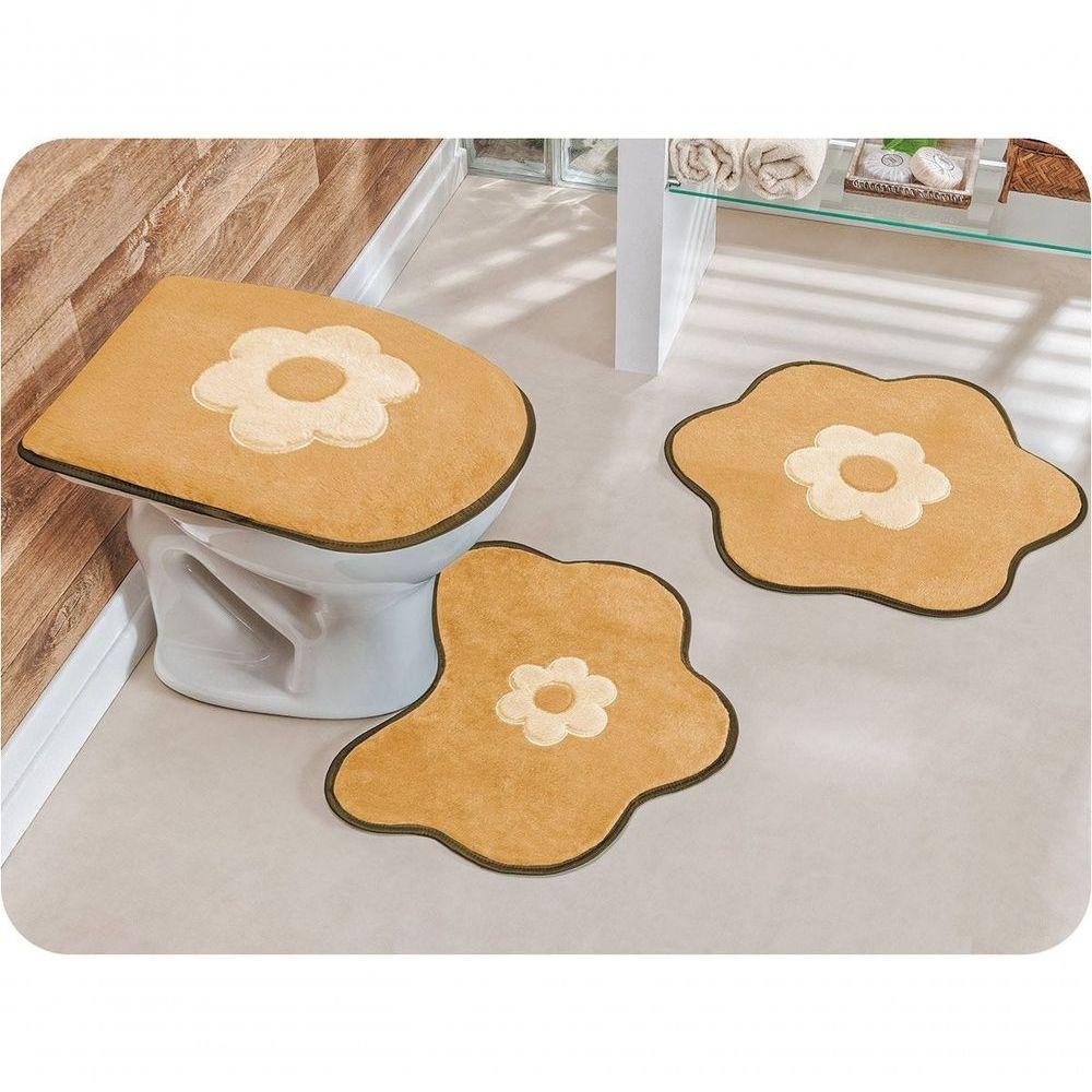 Jogo Tapete Capachos Banheiro Kit 03 Peças Margarida Bege | MadeiraMadeira