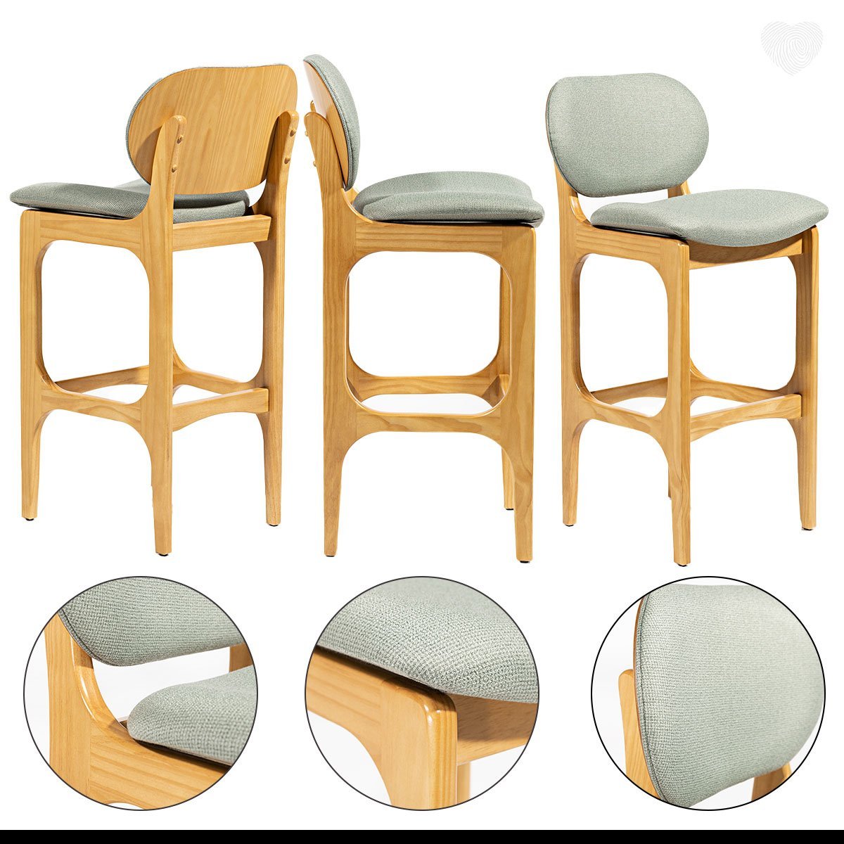 Kit 3 Banquetas Alta com Encosto Decor Madeira Mel Linho Verde L84 Rmi ...