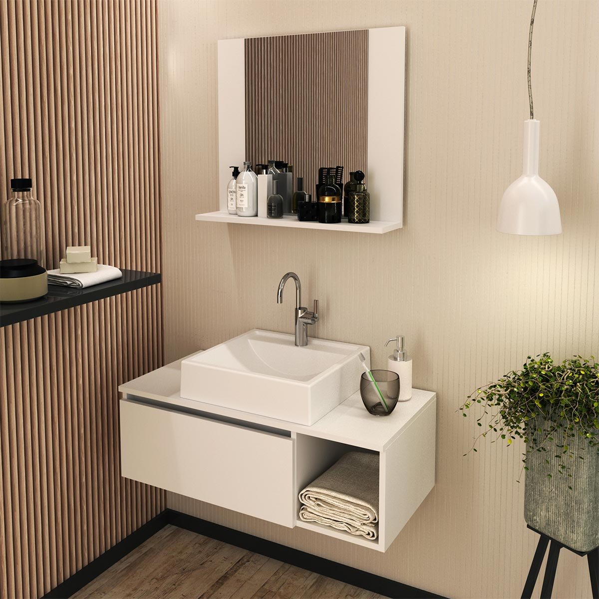 Conjunto Gabinete de Banheiro com Cuba e Espelho Branco | MadeiraMadeira