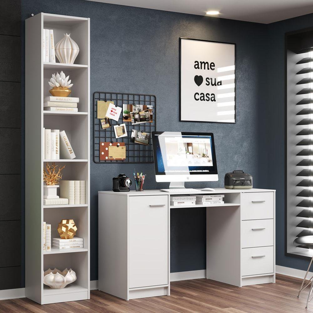 Escrivaninha com Estante Livreiro Branco Alaska Madesa | MadeiraMadeira