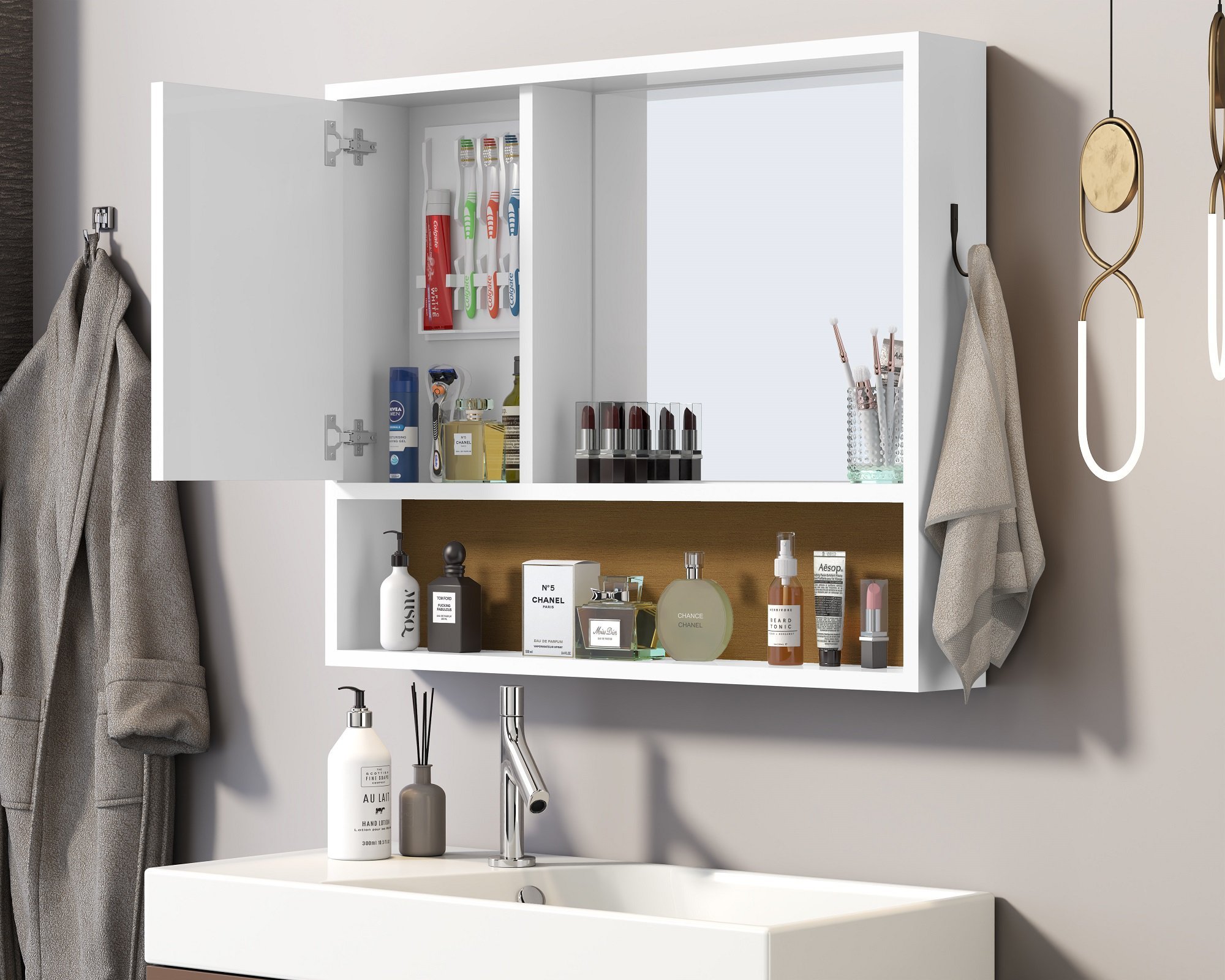 Armário Banheiro Amon Com Suporte De Escovas Branco Madeira ...