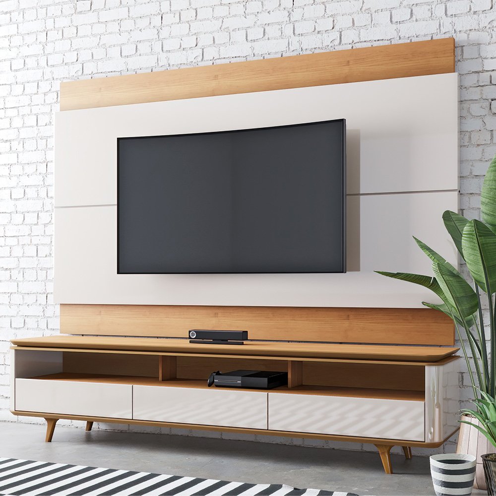 Rack para TV com 3 Gavetas Arc Off White/Nature 220cm Imcal Móveis | MadeiraMadeira