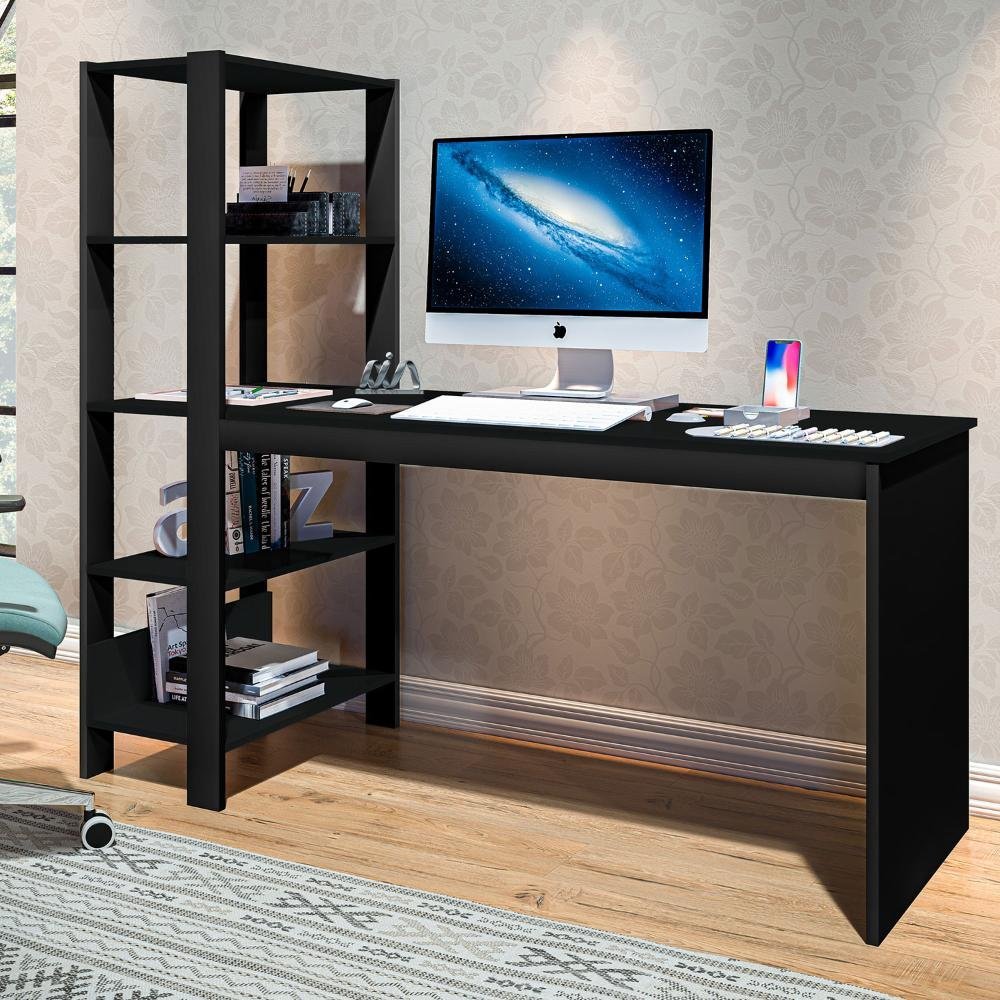 Escrivaninha com Estante Preta de 5 Prateleiras - 120 Cm | MadeiraMadeira