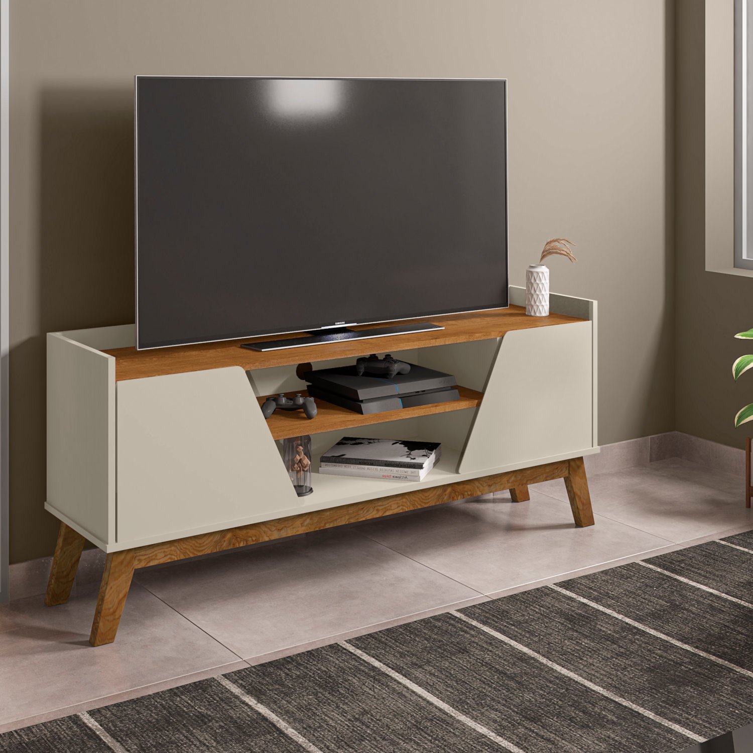 Rack para Tv até 55 Polegadas Ares com 2 Porta e Pés de Madeira Babus ...