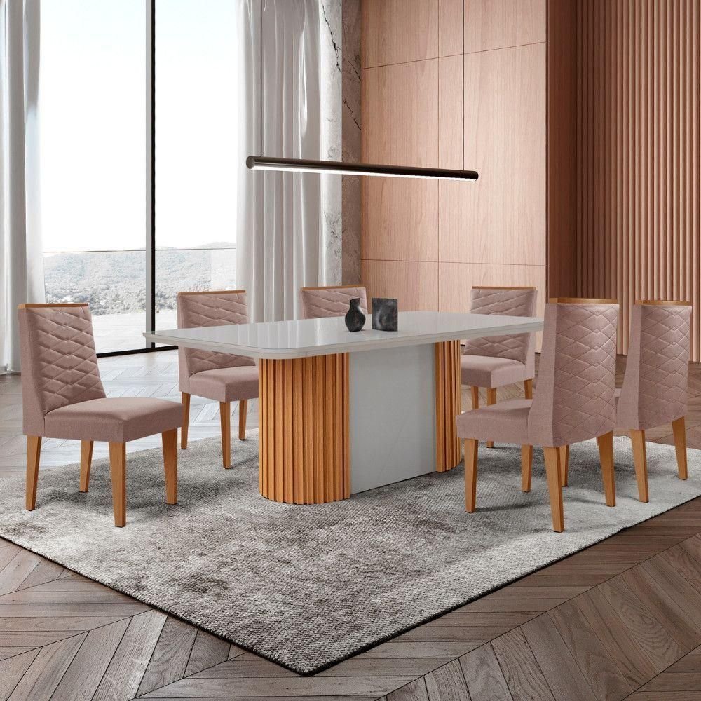 Mesa de Jantar Aspen 180cm Tampo Mdf Vidro 6 Cadeiras Safira Linho ...