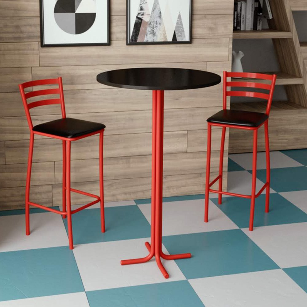 Conjunto Bistrô Mesa com 2 Banquetas Altas Morumbi Vermelho e Tampo Preto | MadeiraMadeira