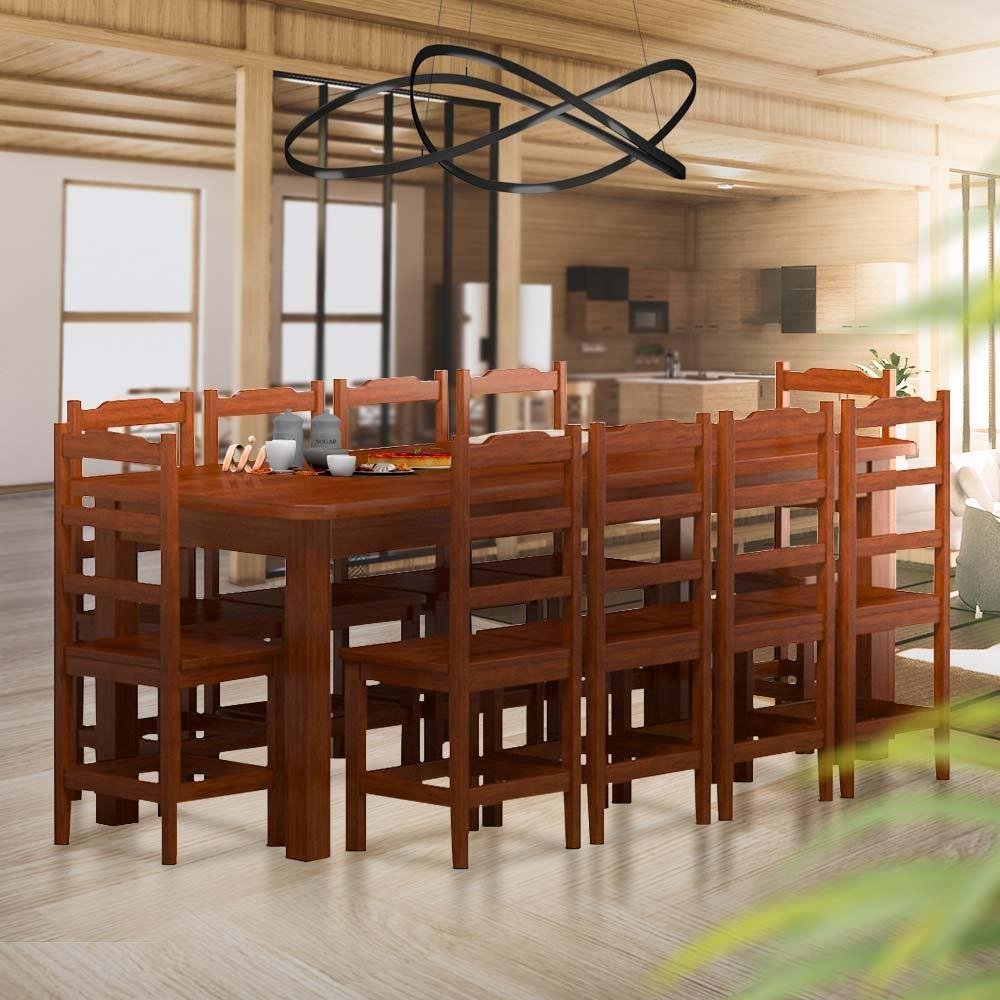 Conjunto de Mesa de Madeira Maciça com 10 Cadeiras - Castanho ...