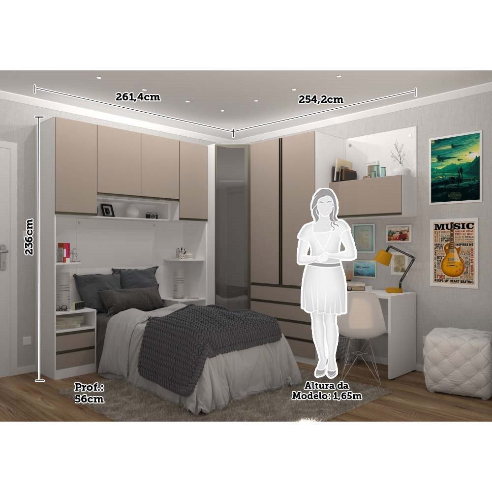 Quarto Completo de Canto Solteiro com 8 Módulos e Vidro Reflecta Prime ...