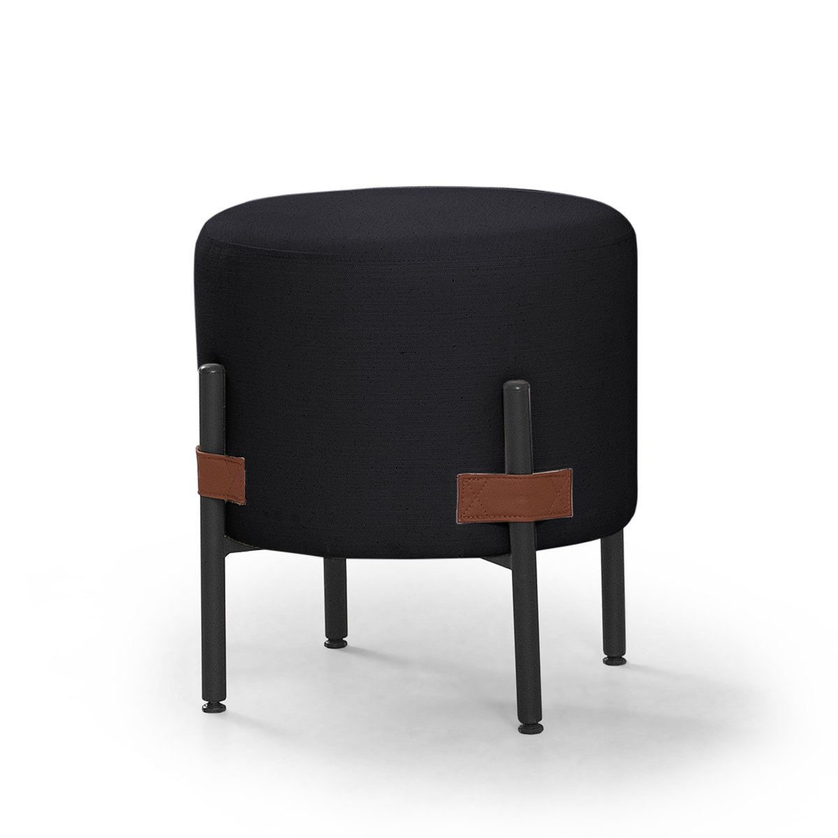 Puff Redondo Londres de Linho e Detalhe em Couro - Preto | MadeiraMadeira
