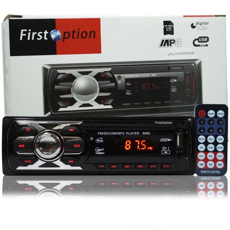 Auto Rádio Som Mp3 Player Automotivo Toca Som Carro First Option Fm Sd Usb Aux com Controle 66xx ...