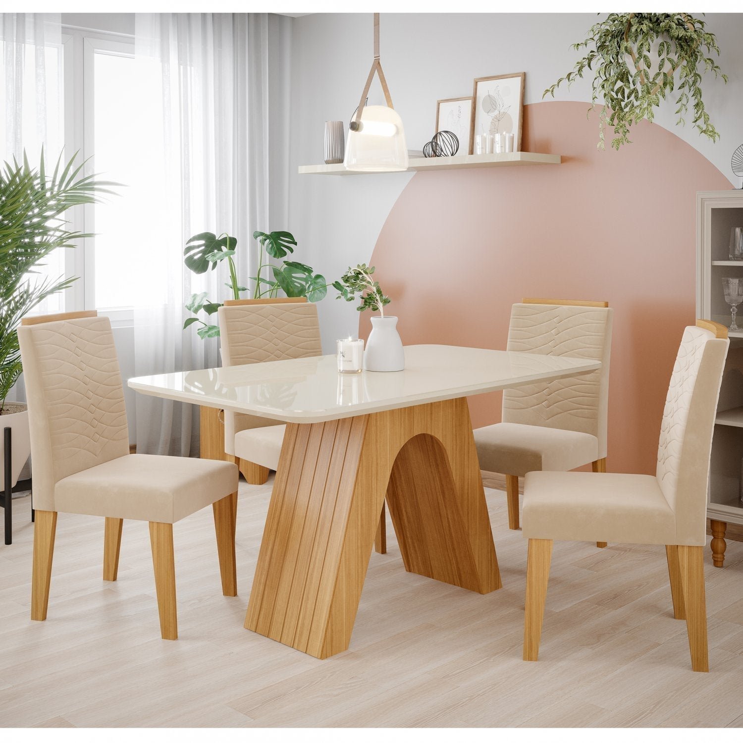 Conjunto Sala de Jantar Mesa Tampo Vidro/MDF e 4 Cadeiras Clarice Cimol | MadeiraMadeira