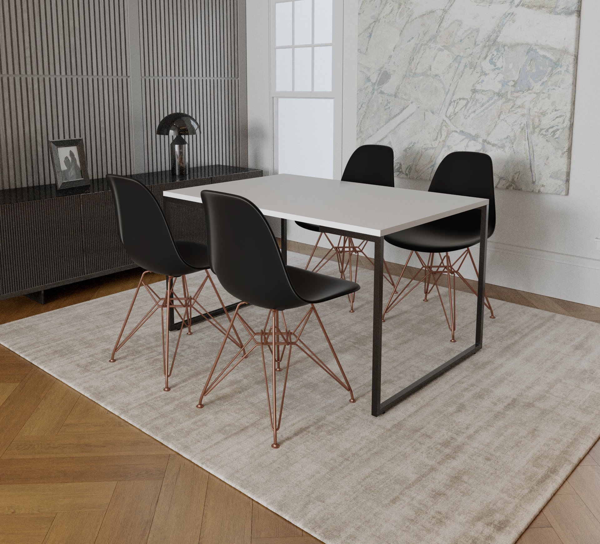 Mesa Industrial Base Ferro Preto Tampo 137x90 Branco 4 Cadeiras Eames ...