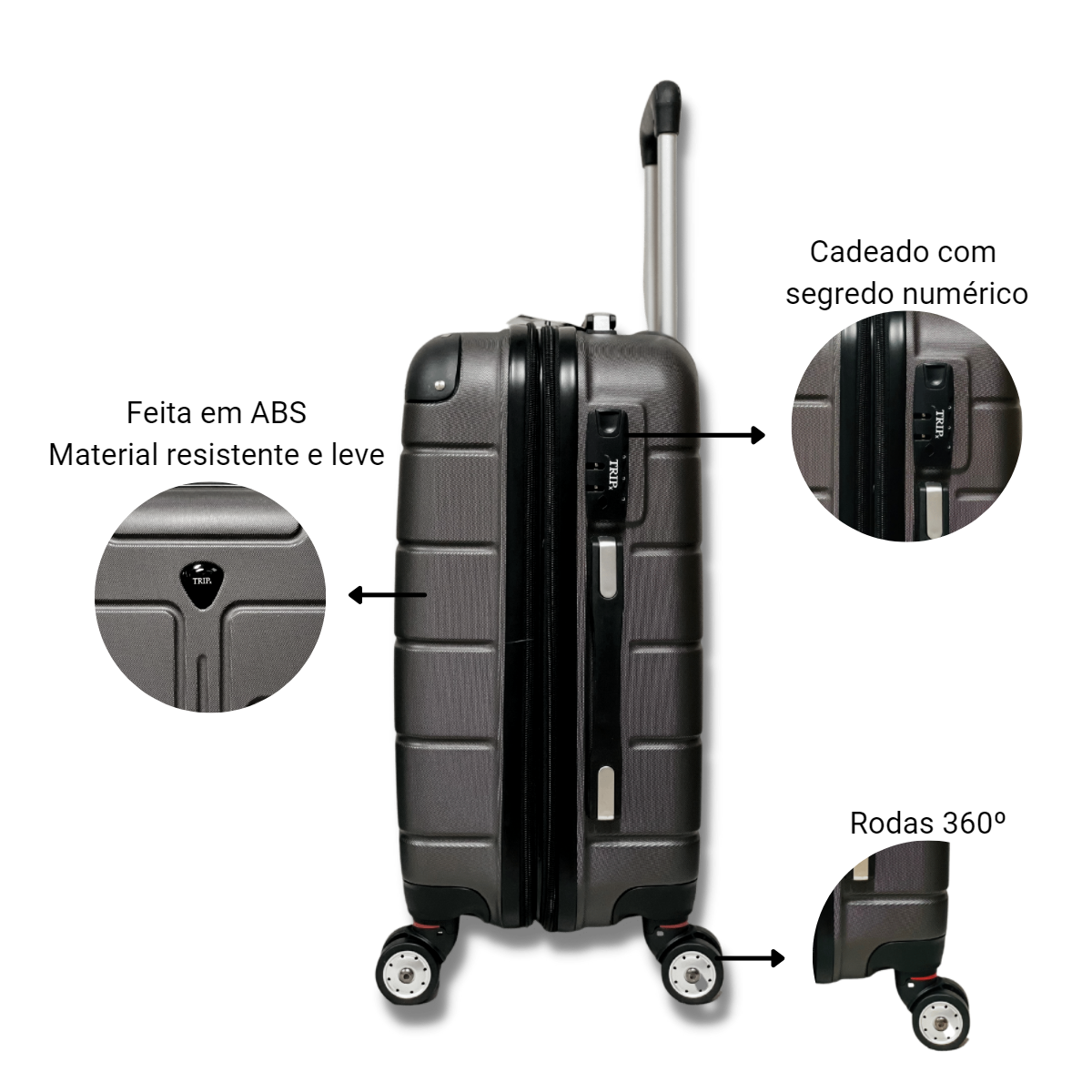 Kit Mala de Viagem Rígida de Fibra Rodinhas 360º 5 peças:grafite ...