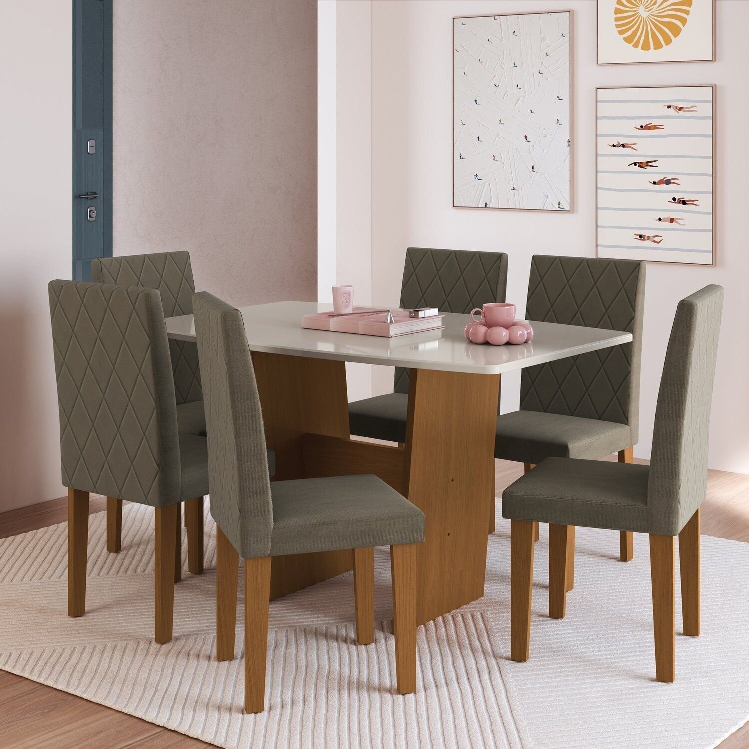 Conjunto Sala de Jantar 1 Mesa Tampo em MDF com 6 Cadeiras Atenas ...
