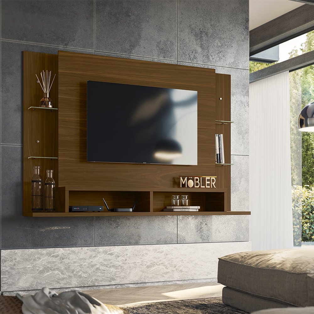 Painel Home p/ TV Simon com Bancada e Prateleiras de Vidro para TV 55 ...