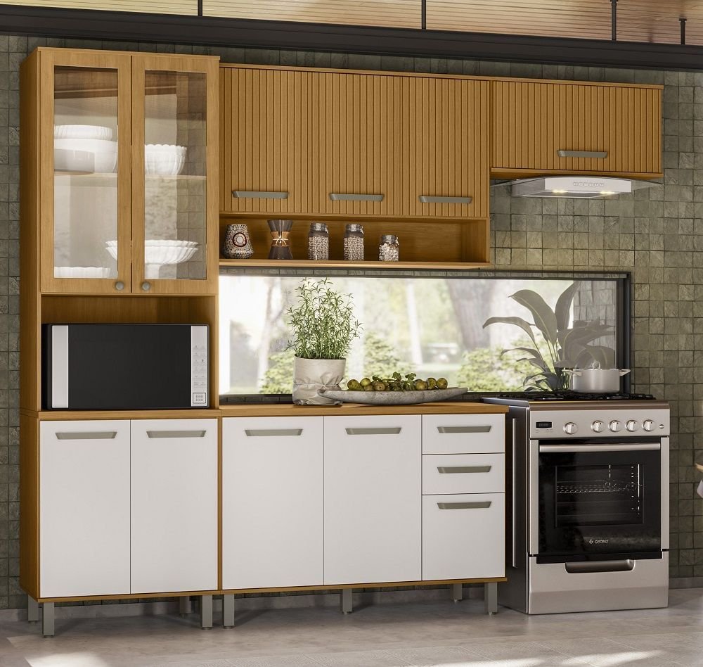 Cozinha Modulada Criare Paneleiro/Cristaleira c/ Vidro e Led - Freijó ...