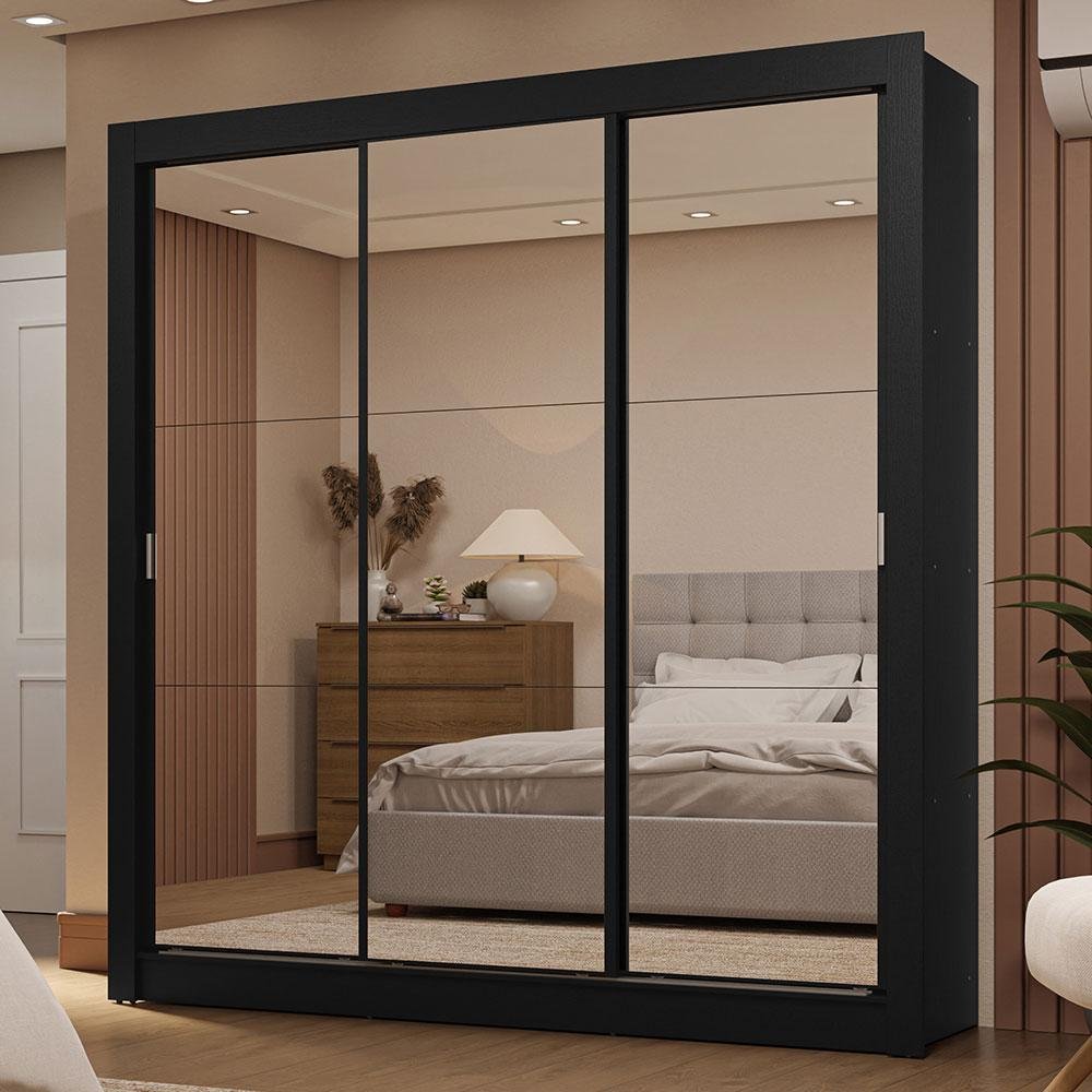 Guarda-roupa Casal 3 Portas de Correr de Espelho 2 Gavetas Preto ...