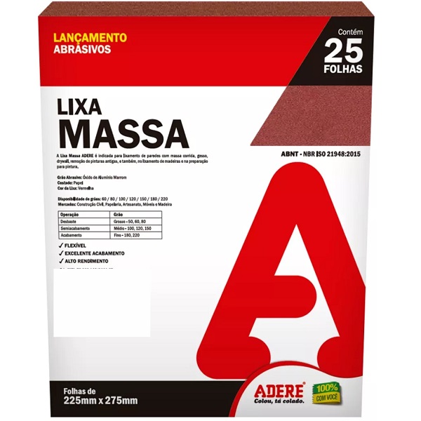 Lixa Massa Grão 80 25 Folhas de 225 X 275mm Adere | MadeiraMadeira